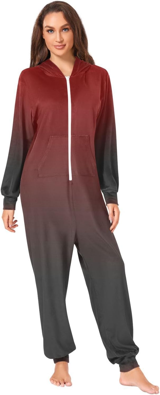 DOMIKING Gradient Adult Pajamas Hooded One-Piece Homewear Pjs Romper ...