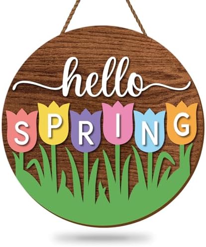 Amazon.com: Whaline Hello Spring Wooden Hanging Sign Rustic Tulip ...