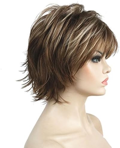 Amazon.com : LEOSA Short Layered Wig With Curtain Bangs - Brown BOB for ...