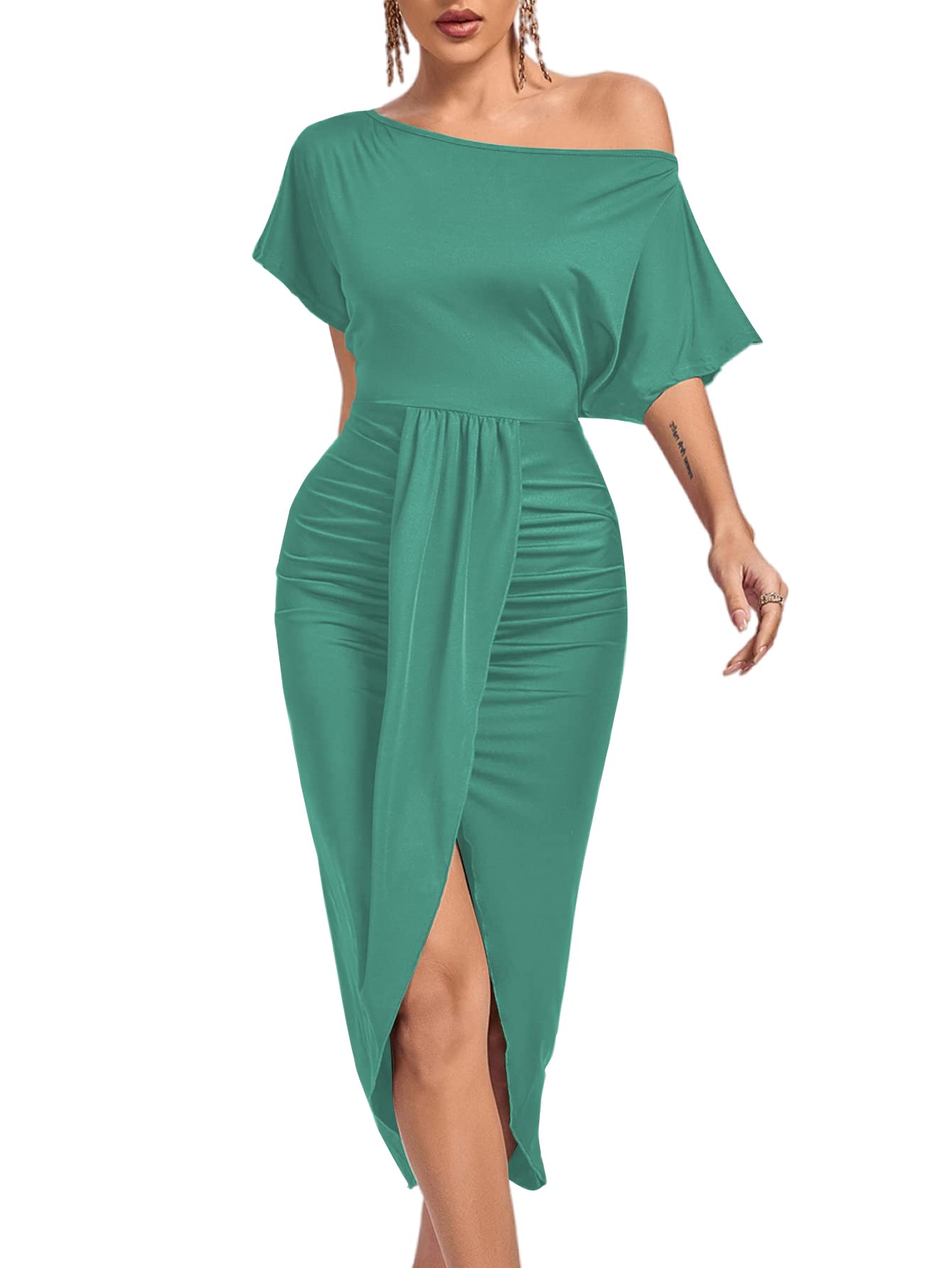 LYANER Women's One Off The Shoulder Ruched Wrap Front Split Hem Draped ...