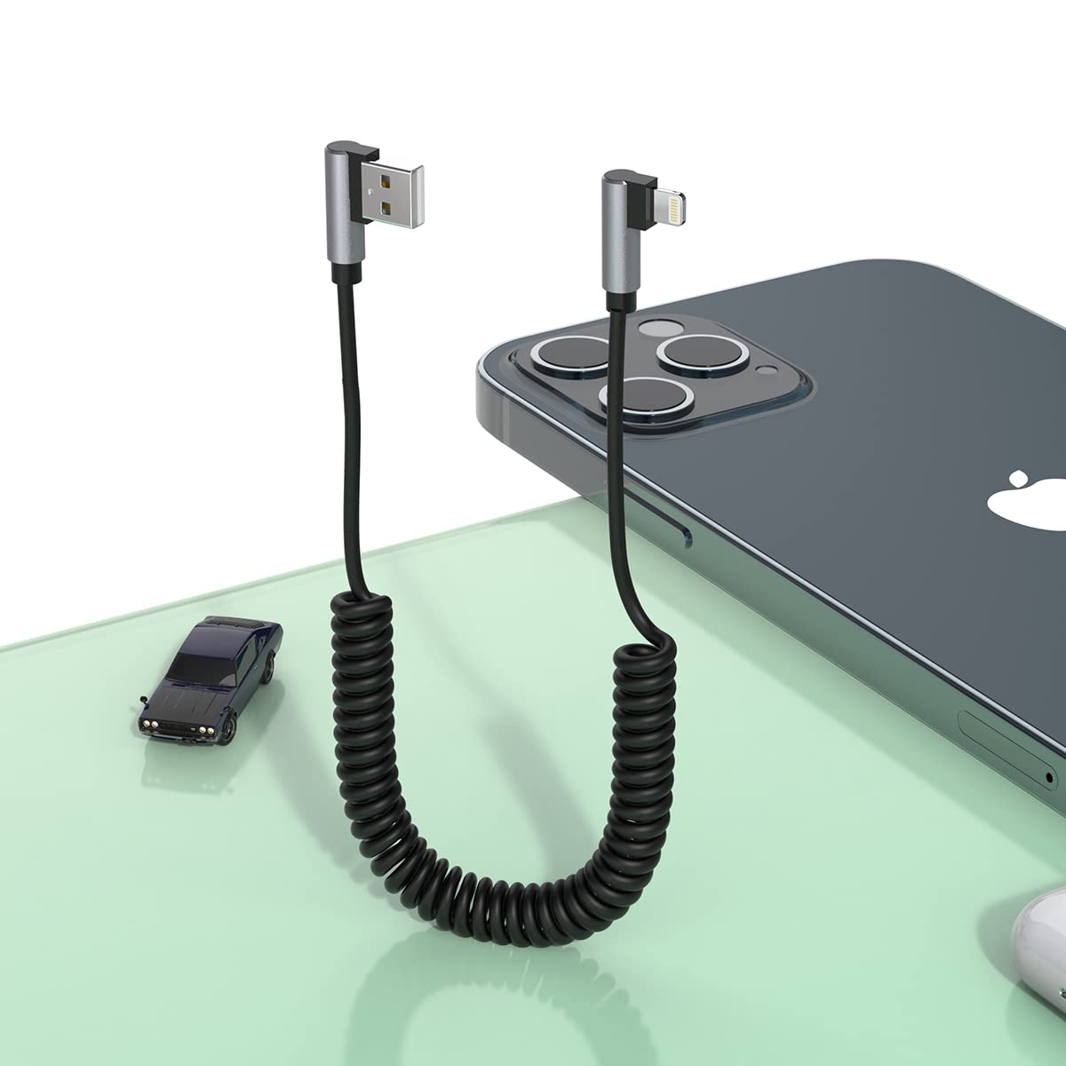 Right Angle 1.8M/6Ft iPhone 90 Degree USB Coiled Lightning Charging ...