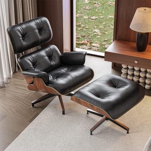 Genuine Leather Chaise Lounge Chair and Ottoman, Mid Century Modern ...