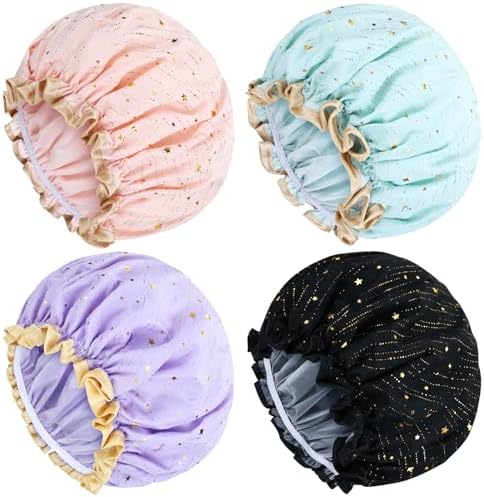 Amazon.com : Lawie 4 PACK Large Waterproof Satin Shower Caps Adjustable ...