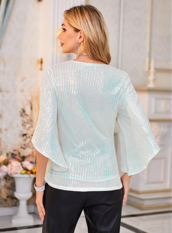 Snapklik.com : Sparkly Tops For Women Sequin V-Neck Blouses Slim Fit ...
