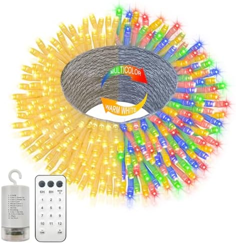 66Ft 200 LED String Lights Battery Operated, 12 Modes Warm White ...