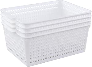 Obstnny 4 Pack Plastic Woven Storage Baskets, White Kitchen Cupboard ...