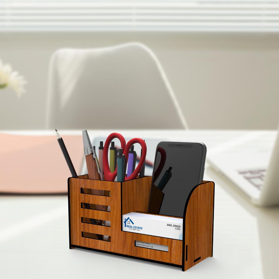 Pen Holder for Office Table Stylish Wooden Pen Stand With Mobile Holder ...