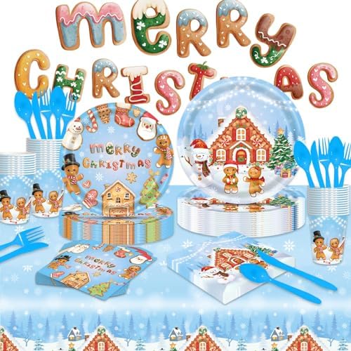 Amazon.com: 194 Pcs Merry Christmas Party Supplies for 24 Guests Gingerbread Christmas Tableware ...