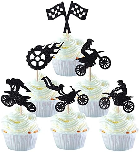 Amazon.com: 24 PCS Motorcycle Cupcake Toppers Black Glitter Motocross ...