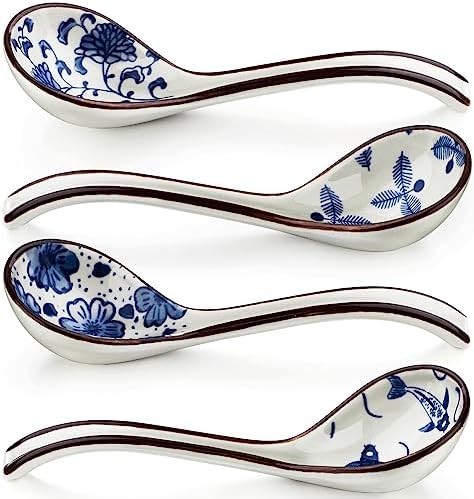 Japanese and Korean Soup Spoon set of 4, Long Curved Handle Asian Retro ...