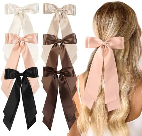Amazon.com : Unbednigt 6PCS Silky Satin Hair Bows, Bow Hair Clips with ...