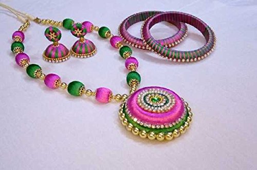 Buy Hasini Creations Green and Pink Fabric Jewellery Set for Women at ...
