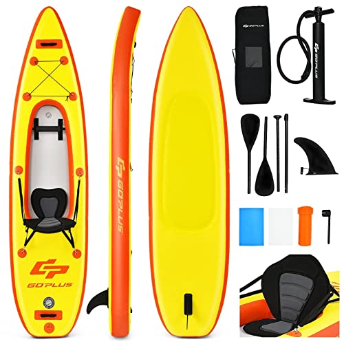 Goplus Inflatable Sit-On-Top Kayak, 11FT 1 Person Canoe w/ Adjustable ...