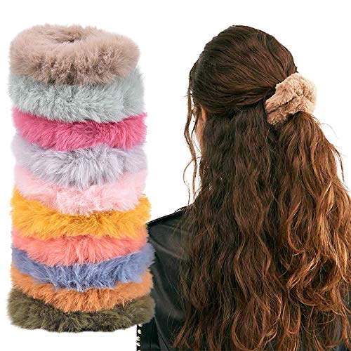 FAMEZA 12 Pcs Fur Hair Scrunchies Rabbit Fuzzy Furry Elastics Bobbles ...