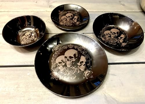 Deluxe Skull & Rose Engraved Black, dinnerware, Etched Bowls, Pasta ...