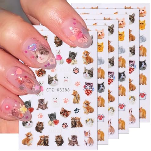 Amazon.com: 8 Sheets Cartoon Cute Cat Nail Stickers 3D Nail Decals ...