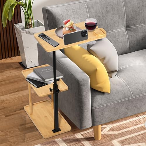 3 Layer C-Shaped End Table for Couch Arm, Side Table with 360° Rotating ...