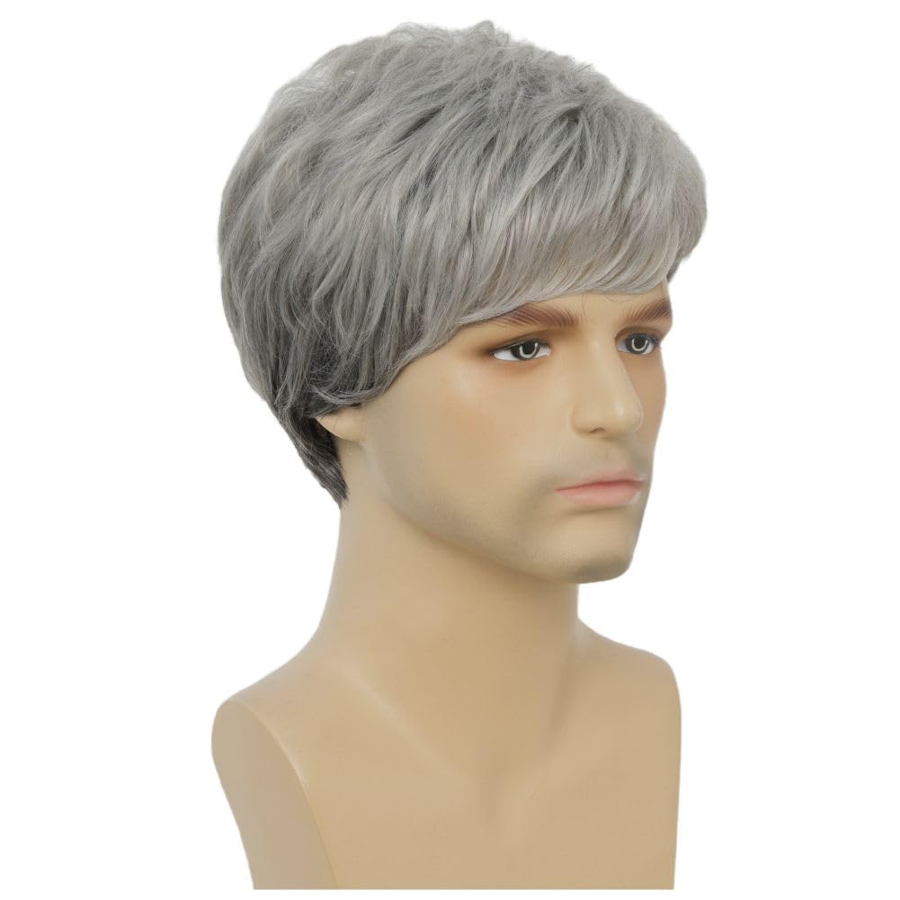 Siudus Mens Grey Short Wig Natural Looking Synthetic Fiber Male Hair ...