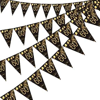 60th Happy Birthday Banner Bunting Flags 40 Pieces Gold and Black ...