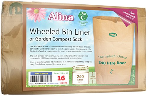 Alina 16 x 240L Compostable Paper Wheeled Bin Bag/Garden Compost Sack ...