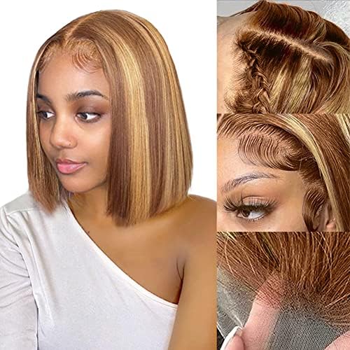 Amazon.com : Flady 10 inch Honey Blonde Bob wig Human Hair 13x4 HD ...