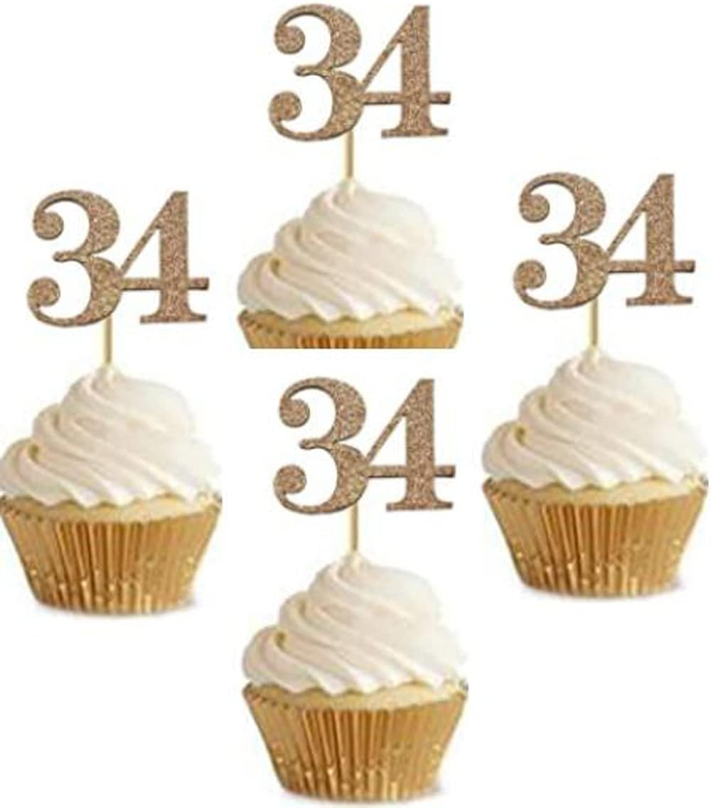 Glitter Rose Gold Number"34" Cupcake Toppers 34th Birthday Party ...