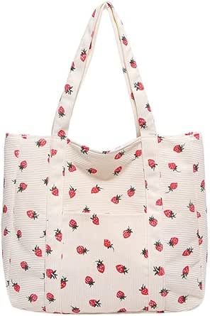 Amazon.com: JHTPSLR Cutecore Strawberry Corduroy Tote Bag Women ...