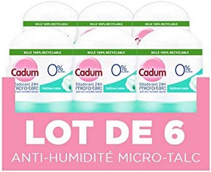 Cadum - Déodorant Femme Bille Micro Talc Fraîcheur Coton Efficacité 24h - 50 ml - Pack de 6 ...