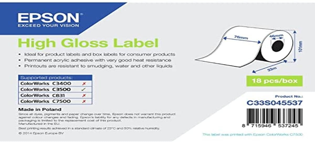 Amazon.com: Epson High Gloss Label – Continuous, 76 mm x 33 m : Office ...
