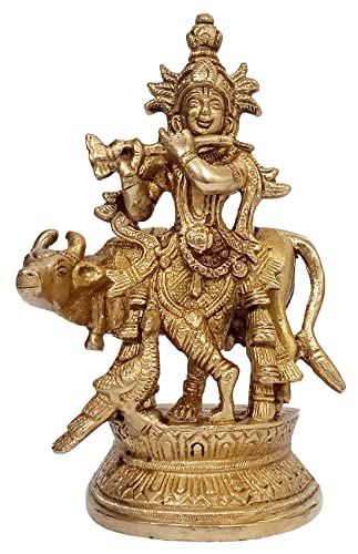 Purpledip Brass Idol Krishna Gopala Govinda With Cow: Collectible ...