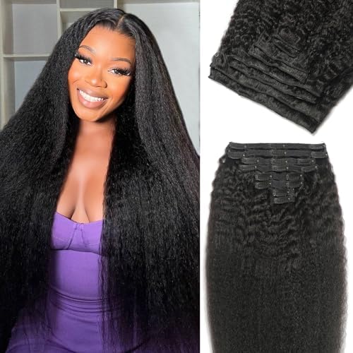 Amazon.com : LANWIUKU Kinky Straight Clip Ins Hair Extensions Real ...