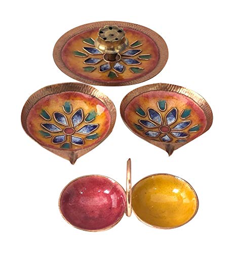 Buy Tamrakala Handmade Copper, Enamling Meenakari Puja Set (Set of 4 ...