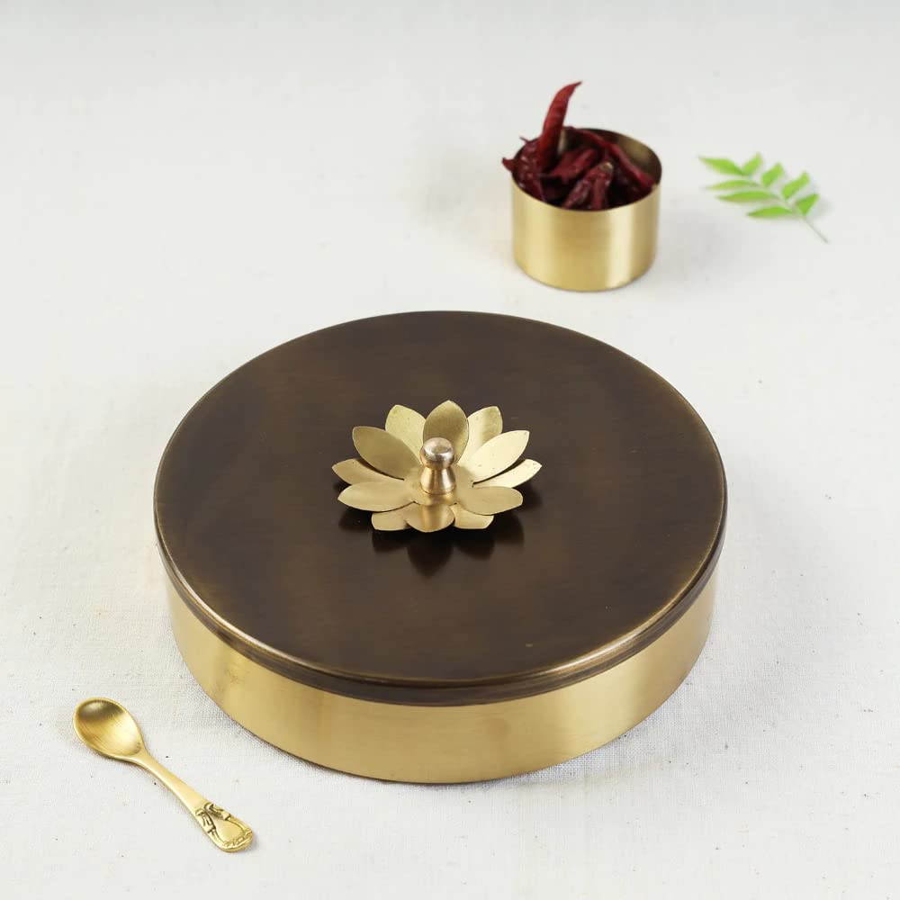 Buy Acewood Brass Spice Box Set For Kitchen With Spoon Brass Masala Box ...