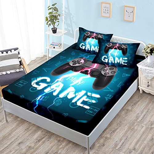 Amazon.com: SDIII 3PCS Blue Gamer Twin Fitted Sheet Set, Bed in a Bag ...