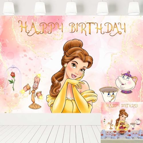Amazon.com : Princess Belle Birthday Backdrop Decorations Glitter Rose ...