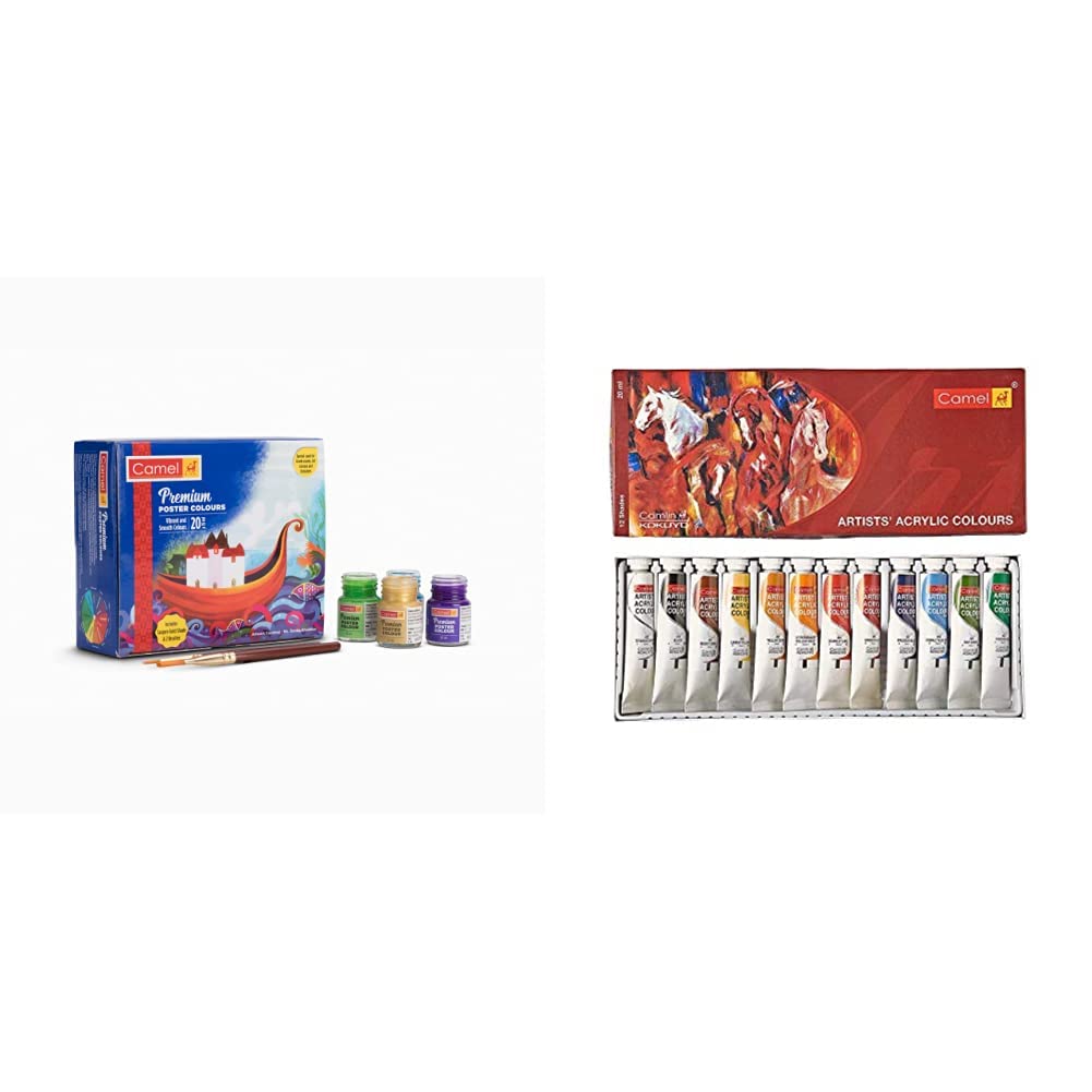 Camel Premium Poster Colour with Brush - 20 Shades (Multicolor) Acrylic ...