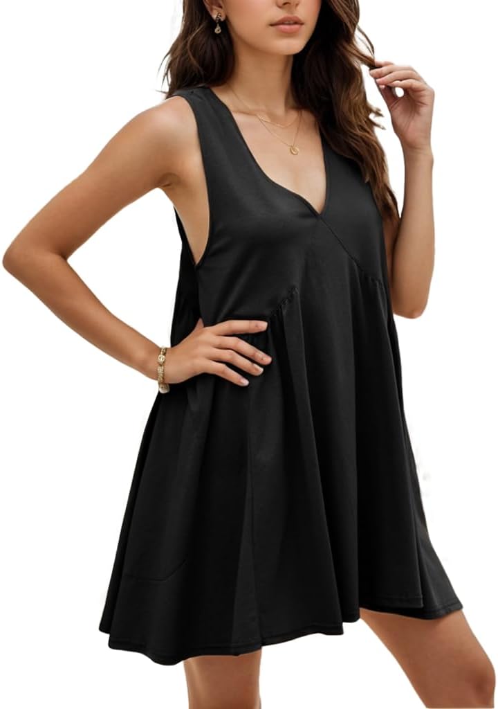 Women's Casual Sleeveless v Neck Mini Dress, Loose Summer Beach Sundresses