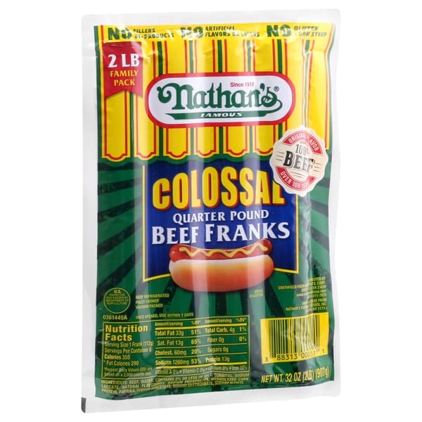 Amazon.com: Nathan's, Beef Franks Quarter Pound Colossal Family Pack ...