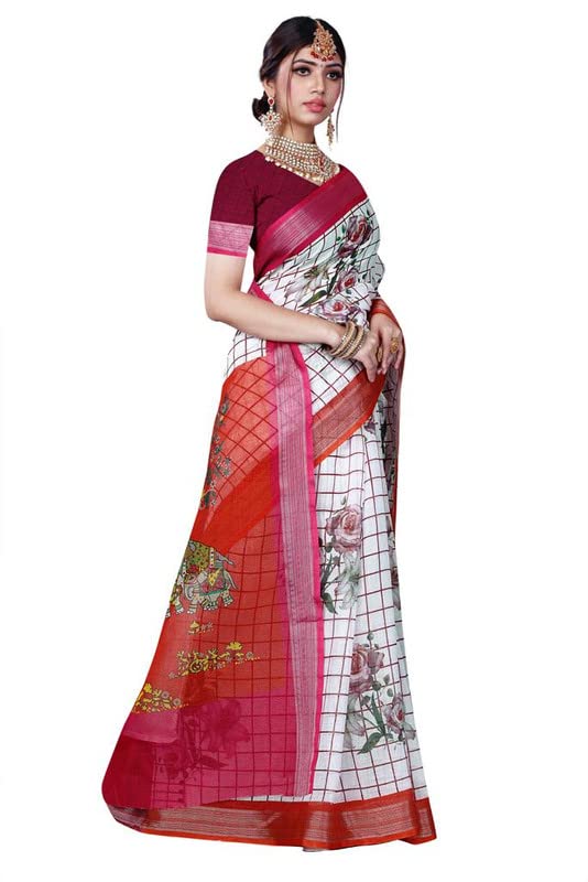 Buy Punit Creation Women's Cotton Linen Saree with Blouse Piece (White ...