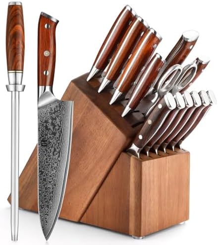 Amazon.com: SENKEN 16-Piece Natural Acacia Wood Kitchen Knife Block Set ...