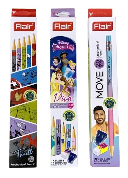 FLAIR 2.0mm Mechanical Multicolor Extra Dark 2B Pencils| Diva+Thrill Characters- 10 Eachx3= 30 ...