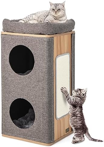 GYMAX Cat House, 3-Story Kitty Condo with Top Perch, 3 Cushions ...