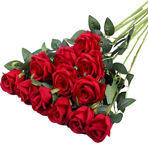 Mocoosy 12PCS Red Artificial Rose Flowers, Silk Roses Single Stem ...
