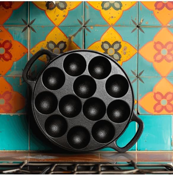 Roca Appe Pan | 12 Cavity Cast Iron Paniyaram Pan with Handles, Black ...