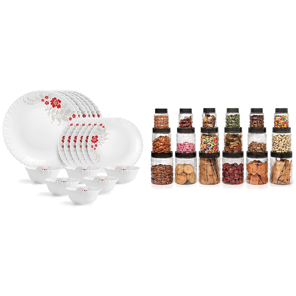 Cello Opalware Dazzle Scarlet Bliss Dinner Set, 18Pcs, White & Cello ...