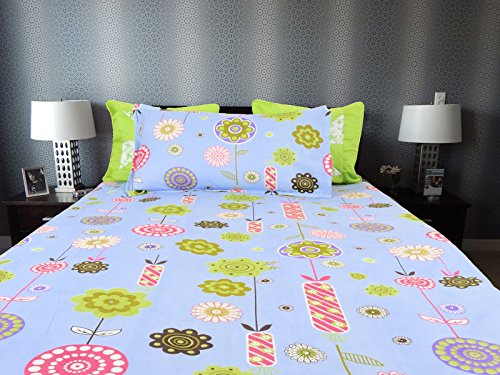 Blue Blossom Designer Premium Multi-Color Single Bed Sheet Set with 1 ...