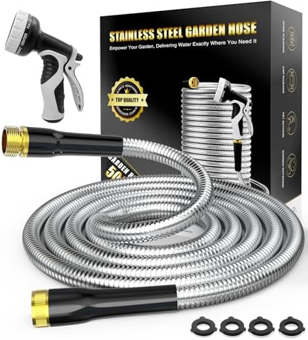 Amazon.com: Garden Hose 50ft, Metal Water Hose with 10 Function Nozzle ...