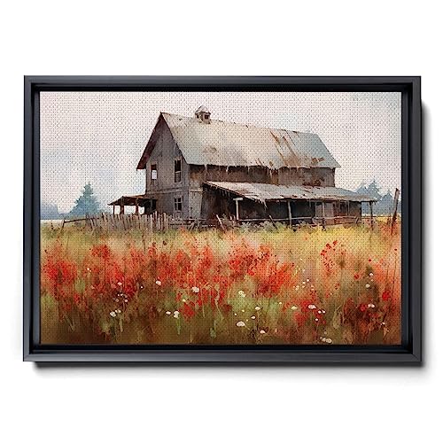Amazon.com: Farmhouse Red Barn Wall Art - Rustic Print with Flowers ...