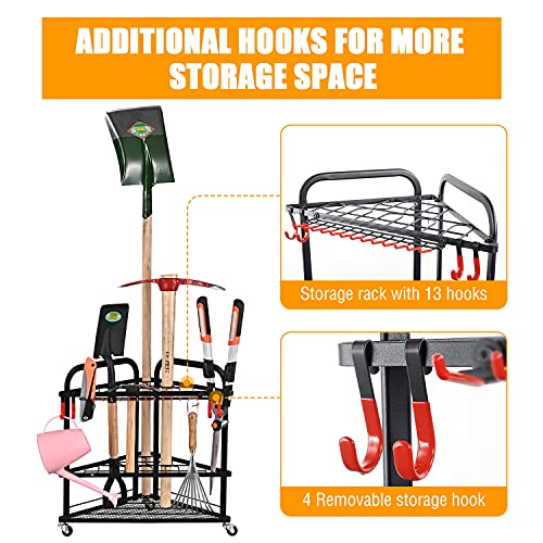PLKOW Garden Tool Organizer with Wheels and Storage Hooks, Rolling ...