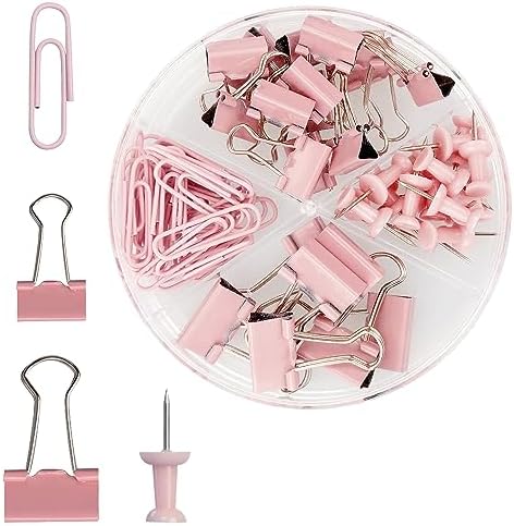72Pcs Binder Clips Push Pins Set, Pink 4 in 1 Round Box Clip Stationery ...